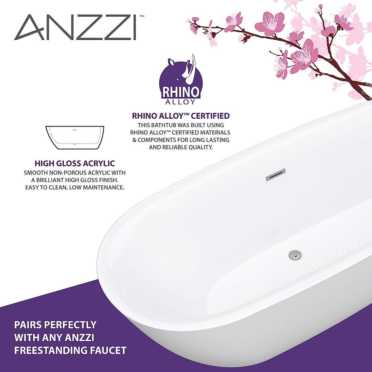 ANZZI Freestanding Tub 67”, Soaker Tub, Acrylic Center Drain, Luxury Spacious, Deep Soaker Bathtub with Overflow and Drain, Modern Slip-Resistant Floor (FT-AZ401)
