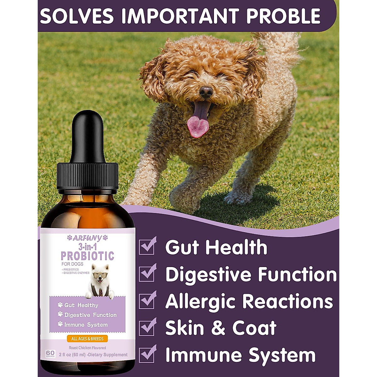 Probiotics for Dog | 60ML Liquid Probiotics for Dogs Support Gut Flora, Digestive Health & Diarrhea| Dog Digestive Enzymes & Prebiotics | Dogs Probiotics Allergies & Itchy Skin Relief | Roast Chicken