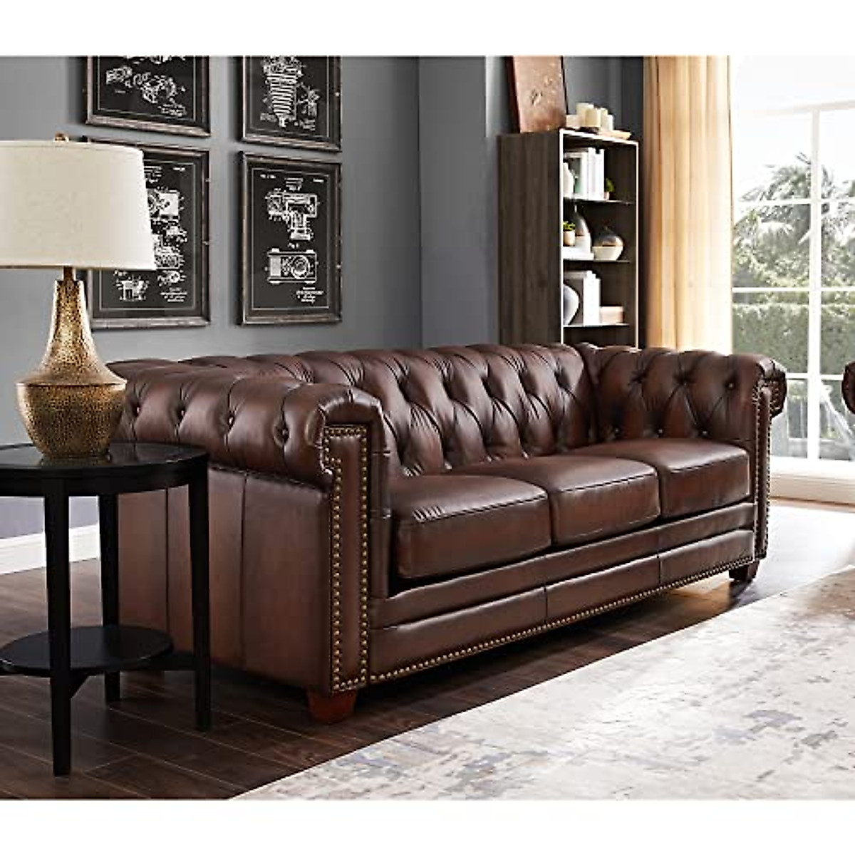 Hydeline Stanwood Top Grain Leather Sofa Couch, 89'', Caramel Brown