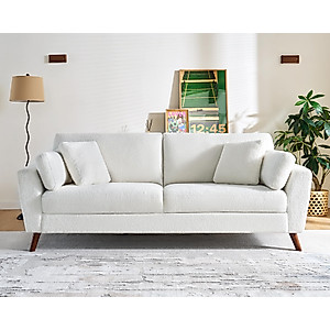 AMERLIFE Modern Sofa, 86 inch White Couch with 4 Throw Pillows, 3-Seater Sofa Couch for Living Room, Offwhite Boucle Upholstered Sofa