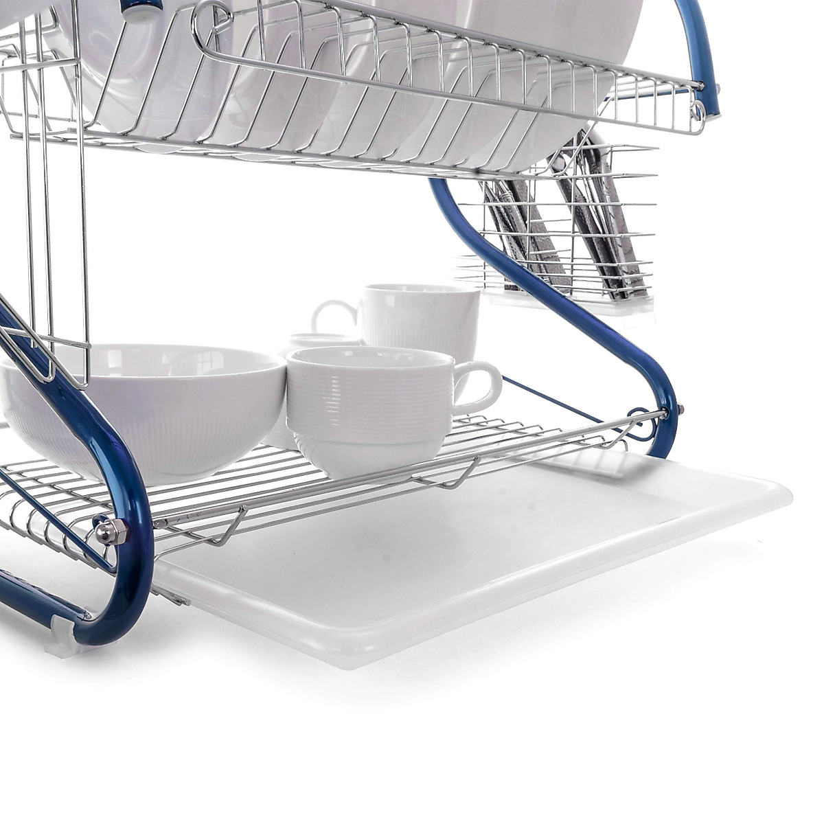 Megachef Iron Wire Contemporary Dish Drying Rack with Included Hangers, Utensil Compartment, and Drip Tray, 16 Inch, Blue and Silver Chrome