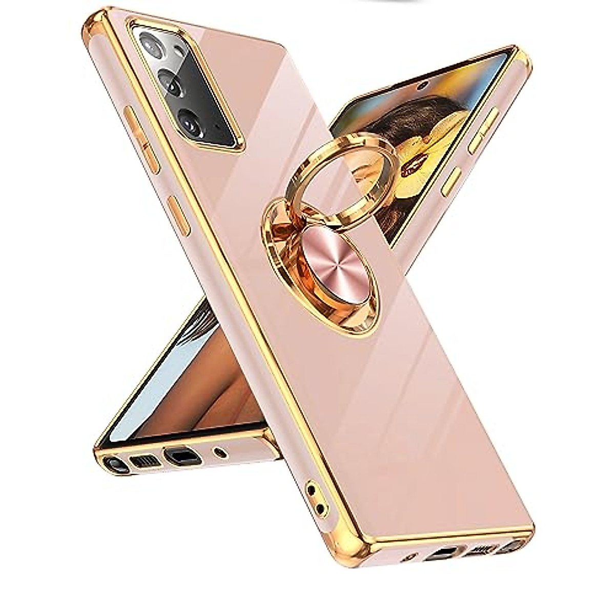 LeYi for Galaxy Note 20 Case: 360° Rotatable Ring Holder Magnetic Kickstand, Plating Rose Gold Edge Protective Samsung Galaxy Note 20 Case, Pink