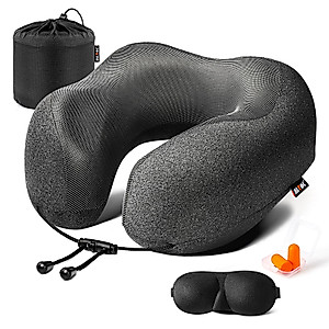 MLVOC Travel Pillow 100% Pure Memory Foam Neck Pillow, Comfortable & Breathable Cover, Machine Washable, Airplane Travel Kit with 3D Contoured Eye Masks, Earplugs, and Luxury Bag, Standard (Black)