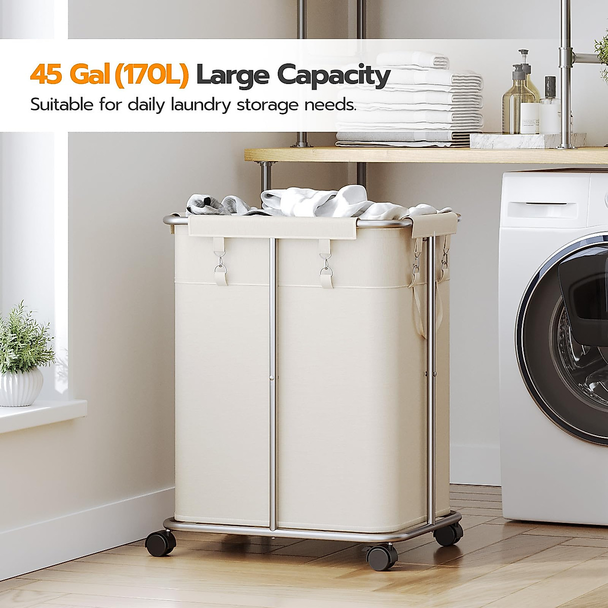 HOOBRO Laundry Basket with Wheels, 45 Gallons (170L) Rolling Laundry Hamper, Narrow Slim Laundry Sorter with Removable Oxford Fabric Bag, Laundry Room, Dorm Room, Bedroom, Beige and Silver SW05XY01