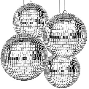 CHENGU 4 Pack Large Disco Ball Silver Hanging Reflective Mirror Ball Ornament for Party Holiday Wedding Dance and Music Festivals Decor Club Stage Props DJ Decoration (6 Inch, 4 Inch)