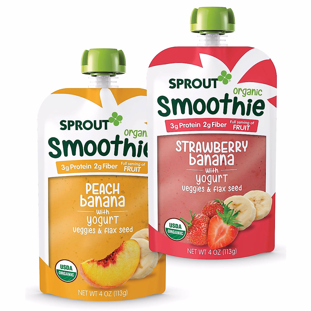 Sprout Organic Baby Food, Stage 4 Toddler Smoothie Pouches, Strawberry Banana & Peach Banana with Yogurt Variety Pack, 4 Oz Purees (Pack of 12)
