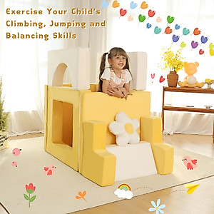 Ordicoeur Modular Kids Play Couch,12PCS Child Sectional Sofa, Climbing Couch Toddler Playroom Couch,Yellow&Beige Convertible Foam and Floor Play Sofa for Boys and Girls