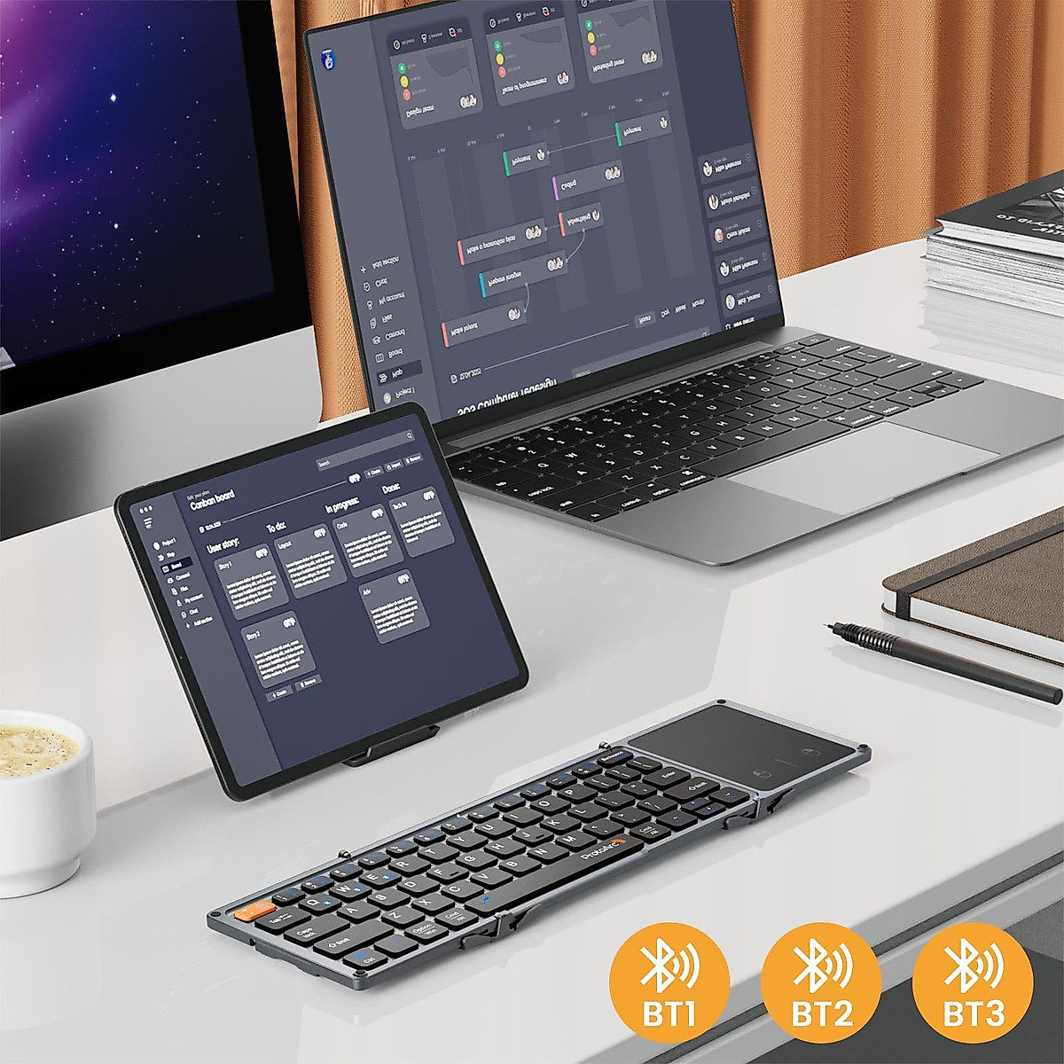 ProtoArc Foldable Bluetooth Keyboard with Touchpad, XK02 Folding Wireless Keyboard for Travel, Pocket-Sized Compact Portable Keyboard for iPad iPhone Tablet Laptop Windows iOS Android