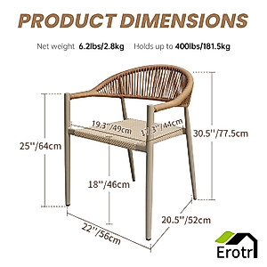 Erotr 4 Pcs Aluminum Patio Chairs, Stackable Rattan Patio Dining Chair with Arms, Woven Rope Outdoor Dining Armchair Metal Assembled for Bistro Garden Balcony Dining Room Cafe Restaurant, Light Brown