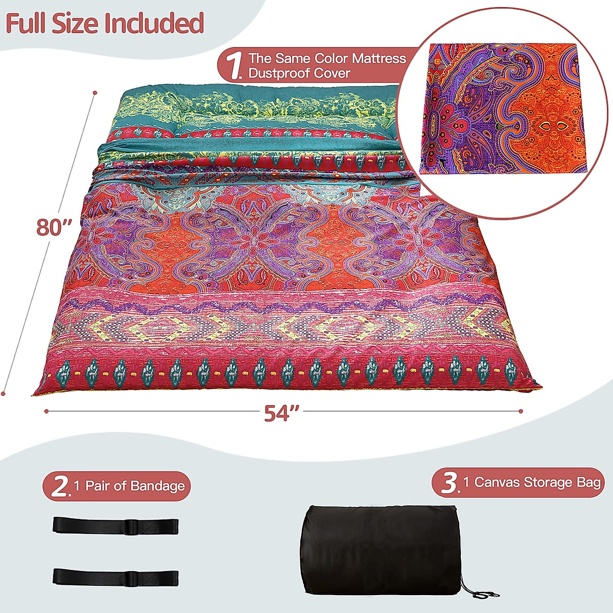 MAXYOYO Bohemian Retro Mattress Boho Floral Japanese Futon Mattress Tatami Floor Mat Foldable Portable Camping , Sleeping Pad, Lounger Couch Bed Full Size