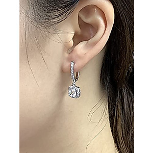 Classic Cubic Zirconia Dangle Hoop Earrings for Women Girls 18K White Gold Plated Princess Cut Square Halo CZ Charms Drop Dangling Leverback Stud Dainty Birthday Wedding Anniversary Jewelry Gifts (Silver)