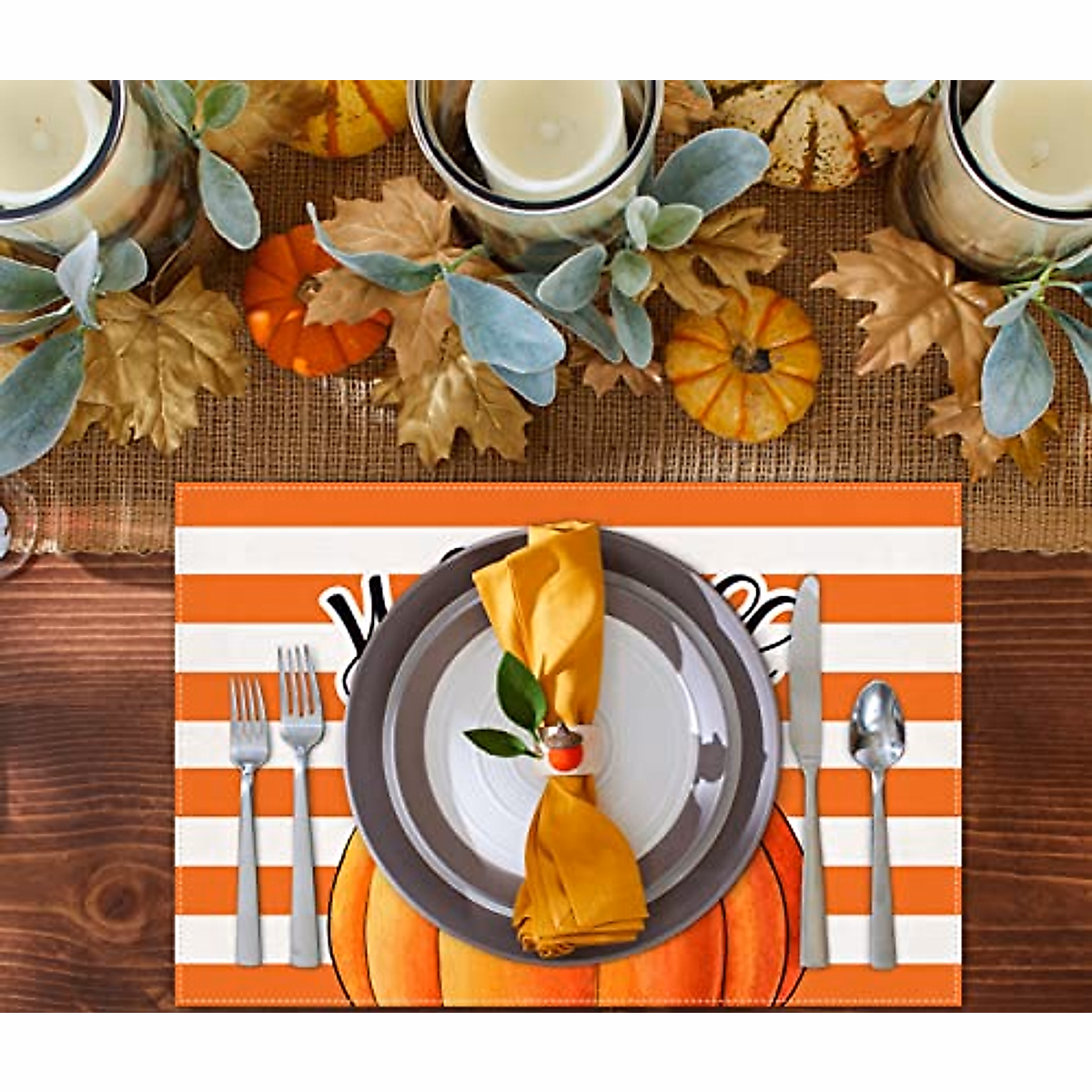 Fall Pumpkin Gnomes Placemats for Dining Table, 12 x 18 Inch Autumn Sunflower Bicycle Thanksgiving Seasonal Holiday Decoration Rustic Washable Table Mats Set of 4