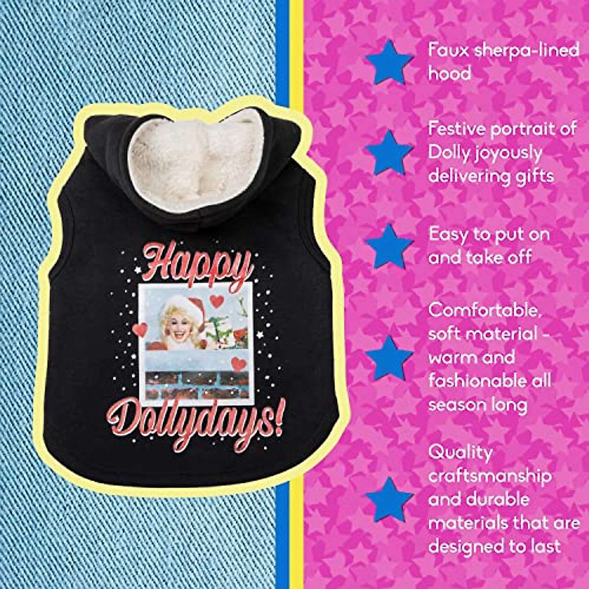 Doggy Parton Black Happy Dollydays Hoodie for Pets, Large