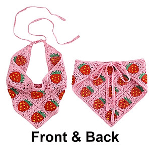AWAYTR Crochet Bandana Head Kerchief Hair Scarf 2Pcs Knitted Scarves Tie Bcak Floral Headwrap for Women Girls (Strawberry Mushroom (pink+beige))