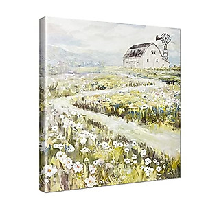 Hi.I.U.88 Rustic Wall Decor Old White Barn Canvas Art Painting with Windmill Bathroom Deco Pictures for Farmhouse Bedroom Framed Ready to Hang (Green, 12X15In), 12X15In