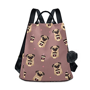 ALAZA Pug Dog Coffee Pattern Backpack Purse for Women Travel Casual Daypack College Bookbag Work Business Ladies Shoulder Bag