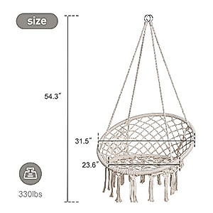 SUNCREAT Hammock Chair Macrame Swing with Side Pocket, Hanging Cotton Rope Hammock Swing Chair for Indoor and Outdoor Use, 330 lbs Capacity, Beige
