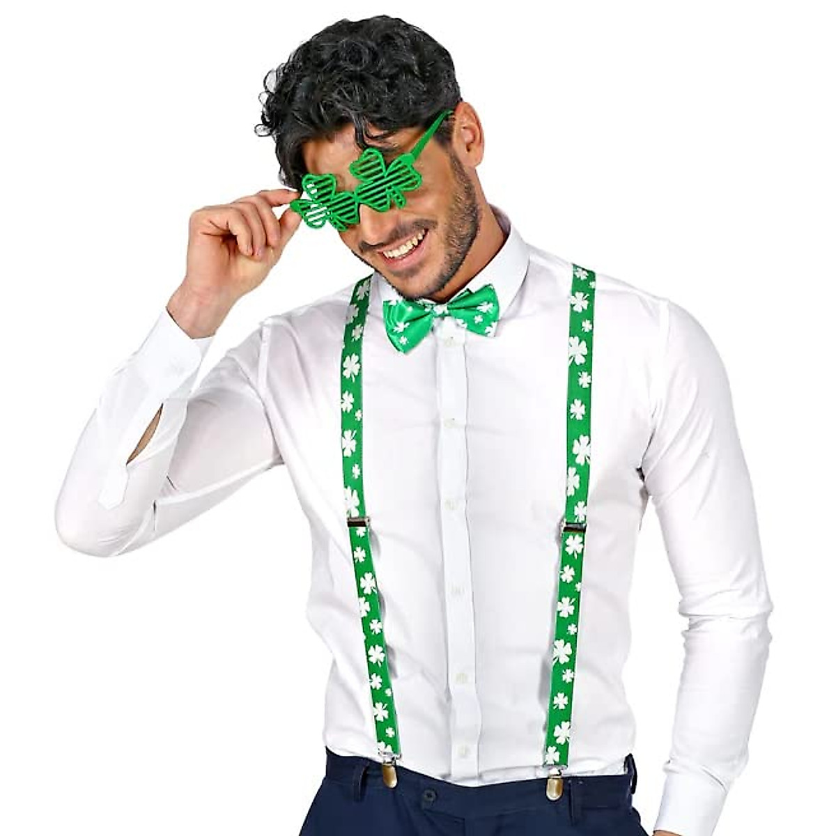 FGSS St. Patricks Day Shamrock Suspenders for Women Men - Adjustable Y-Back Braces Parade Party Accessories