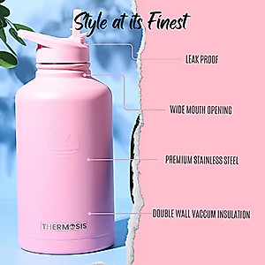THERMOSIS 64 Oz Water Bottle With Straw, Half Gallon Water Bottle Thermos With Wide Mouth Opening and 2Lids. Includes Sports Water Bottle Holder With Strap (1/2 Gallon Water Jug) - Pink Water Bottle