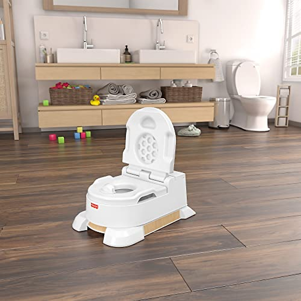 Fisher-Price Home Decor 4-in-1 Potty – Modern Infant to Toddler Potty Training Toilet and Step Stool with Removable Potty Ring, HBX68