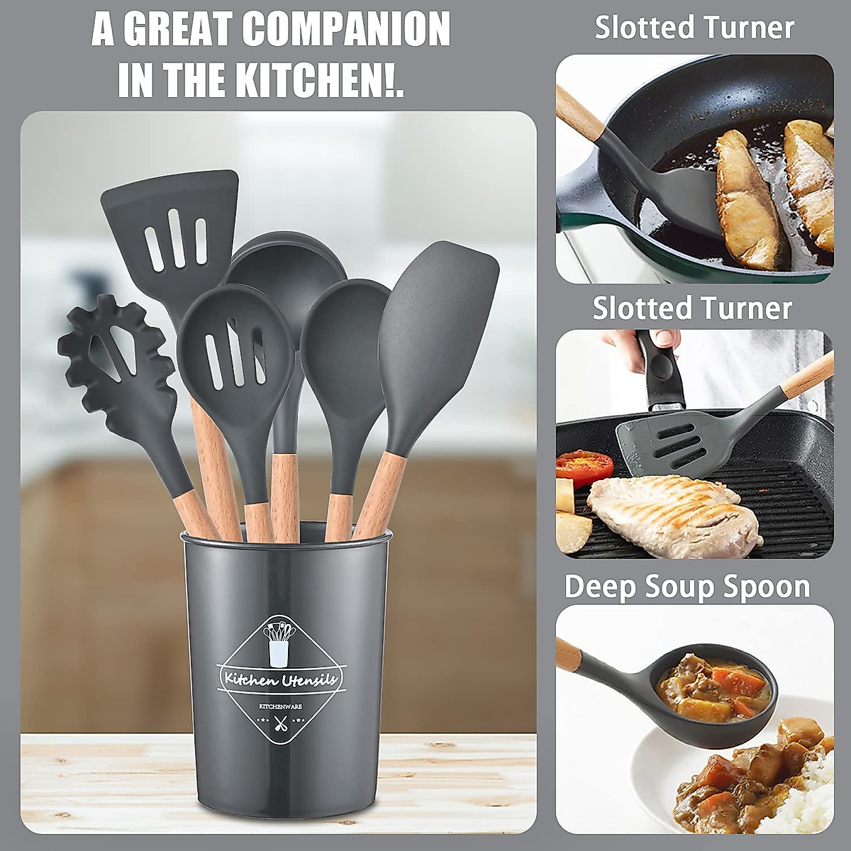 ICVKRJ 12 Pcs Silicone Cooking Utensils Kitchen Utensil Set - 446°F Heat Resistant,Turner Tongs, Spatula, Spoon, Brush, Whisk, Wooden Handle Gray Kitchen Gadgets with Holder for Nonstick Cookware