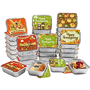 WorldBazaar Thanksgiving Aluminum Food Containers with Lids 36PCS Watercolor Thanksgiving Leftover Containers Disposable Turkey Aluminum Containers Thanksgiving Party Supplies