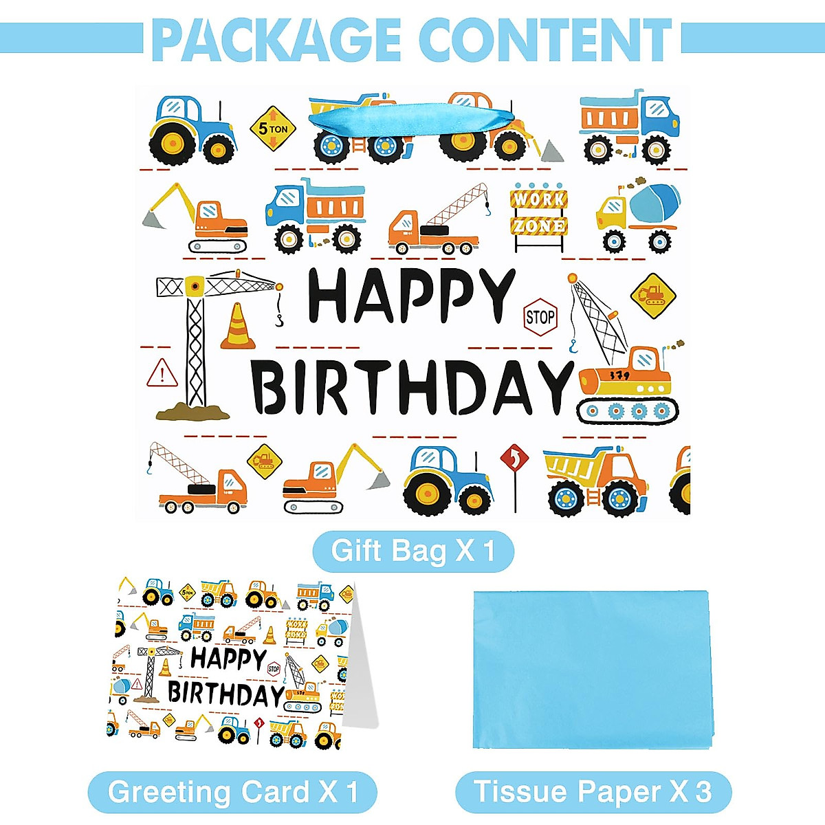 13" Large Happy Birthday Gift Bag for Baby Boy Kids with Tissue Paper and Card (Construction Vehicle)