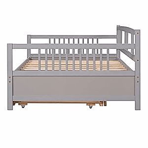 Merax Full Size Daybed Wood Bedframe with Twin Size Trundle and Guardrail for Girs and Boys Bedroom