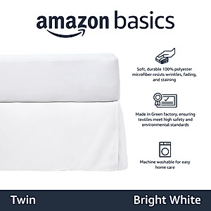 Amazon Basics Lightweight Pleated Bed Skirt, Twin, Bright White, Solid