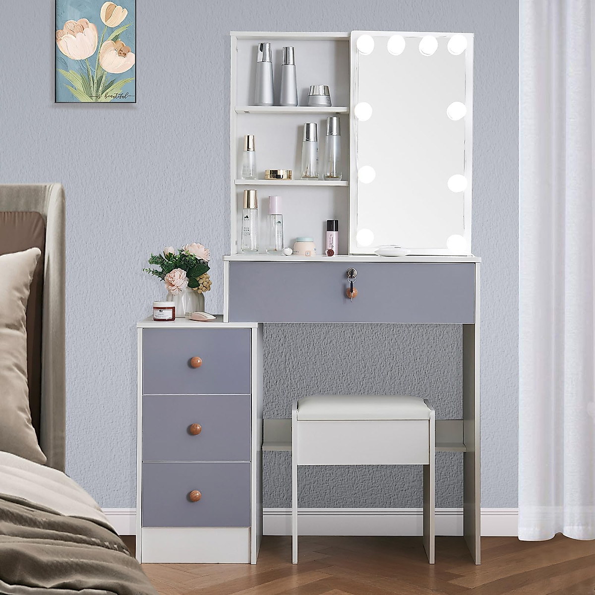 Logimiz Vanity Desk with Mirror and Lights, Makeup Vanity Table with 3 Color and Brightness Adjustable, Girls Makeup Vanity with Stool and Drawers for Bedroom