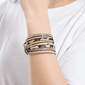 lureme Leather Leopard Wrap Bracelet with Rhinestones Magnetic Clasp Bracelet for Women (bl003513-4) Khaki