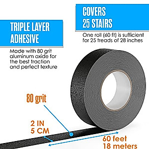 Houseables Grip Tape, Anti Slip, Traction, Friction, Grit, Skid, Treads, 2" x 60 Ft, Black, Adhesive Decking Strips, Non Abrasive for Safety, Steps, Stairs, Ramp, Skateboard, Outdoor, Ladder, Boat