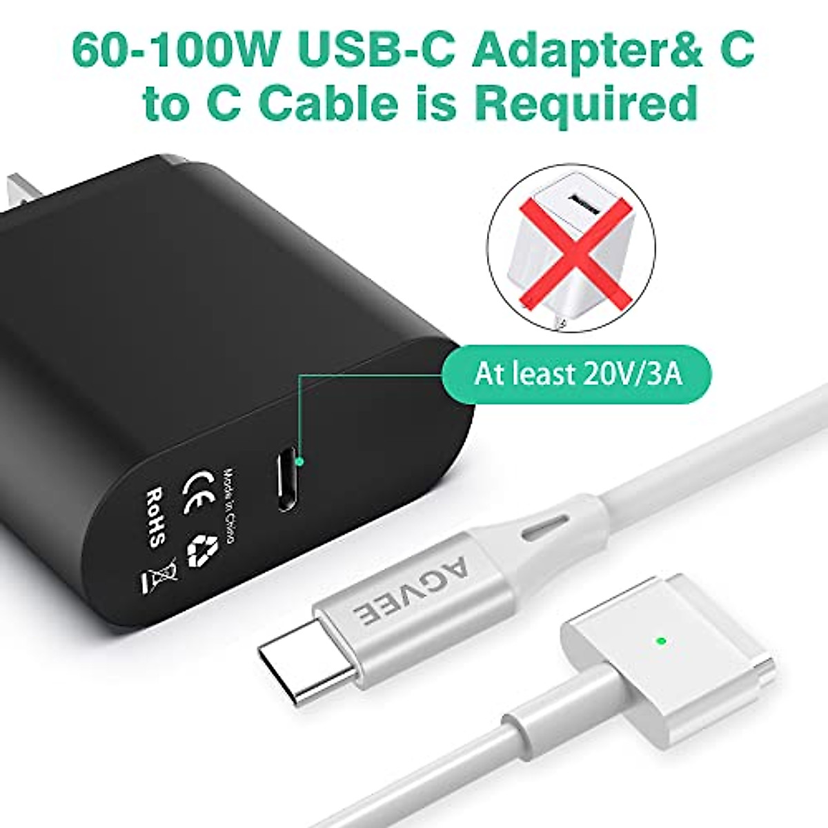 AGVEE 10ft USB-C to Magnetic T-Tip Cable, Type-C PD 85W Power Fast Charging Converter Connector Replacement for MacBook Pro Air (2013-2015) T-Head Charger, Silver