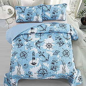 Dinjoy Nautical Ocean Quilt Set Queen Size, Blue Beach Coastal Themed Bedding Set Lighthouse Anchor Sailboat Pattern Microfiber Lightweight Summer Bedspread Coverlet Bed Set All Season