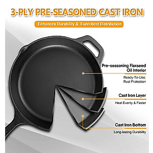 MICHELANGELO Cast Iron Skillet, 12 Inch Cast Iron Skillet With Lid, Preseasoned Large Skillet Oven Safe, Iron Skillets for Cooking with Silicone Handle & Scrapers - 12 Inch