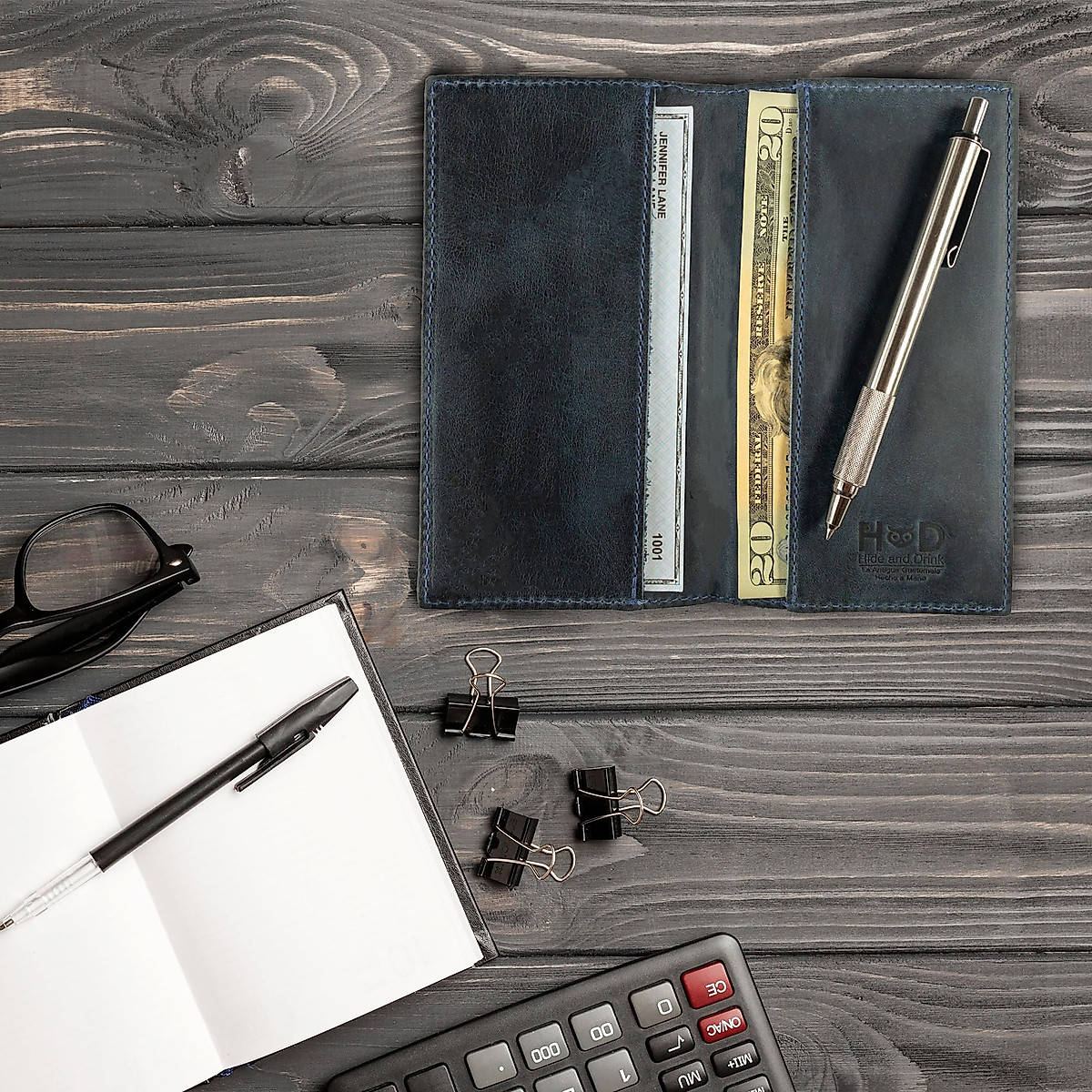 Hide & Drink, Checkbook Cover, Minimalist Organizer, Check Presenter, Bill Holder for Waiter and Waitress, Restaurant Accessories, Full Grain Leather, Handmade, Slate Blue