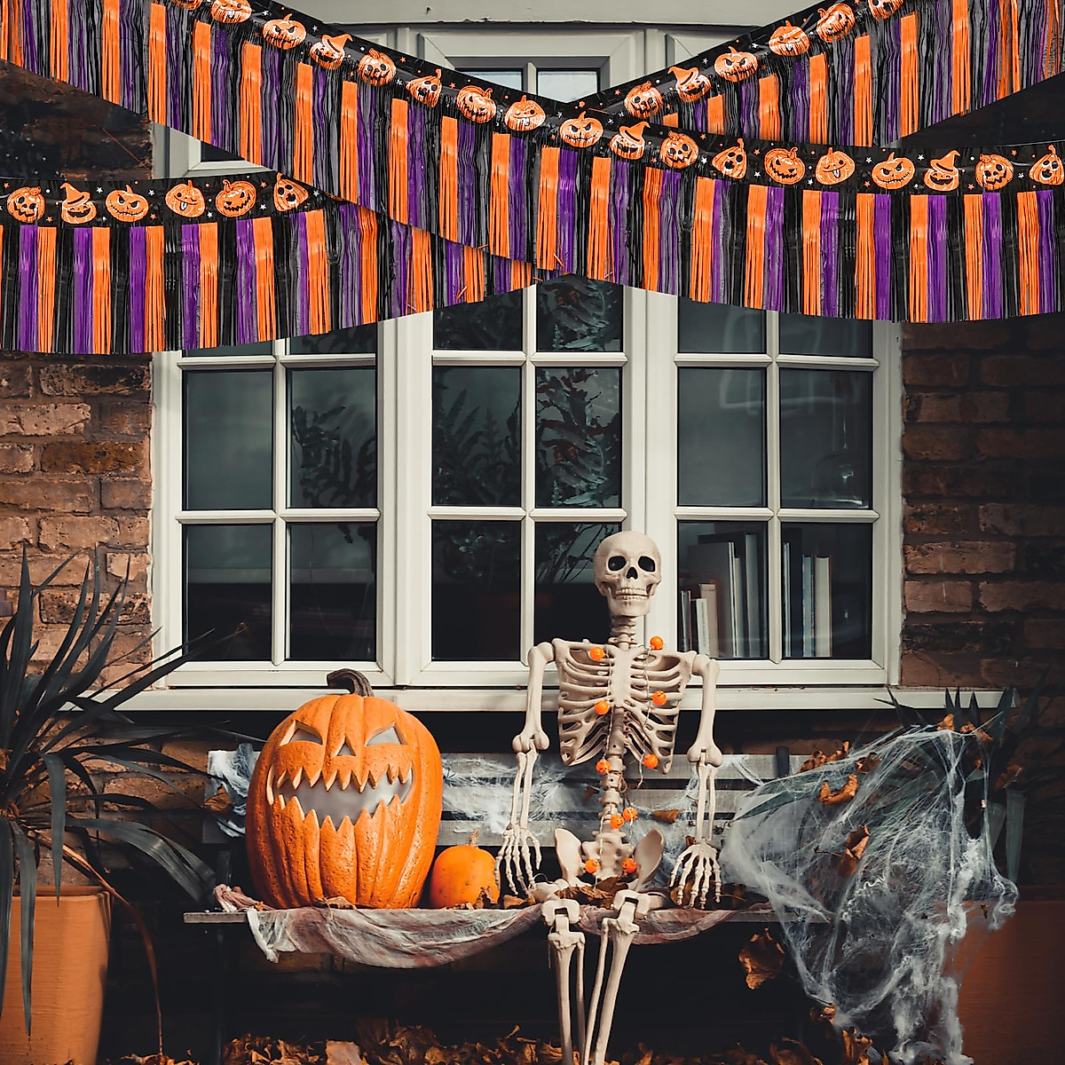 Mega-L Halloween Party Decorations, 2 Packs 39 Feet Foil Fringe Banner Tinsel Streamers, Orange Purple Black Pumpkin Metallic Hanging Backdrop Garland Table Skirts for Indoor House Car Parade Floats