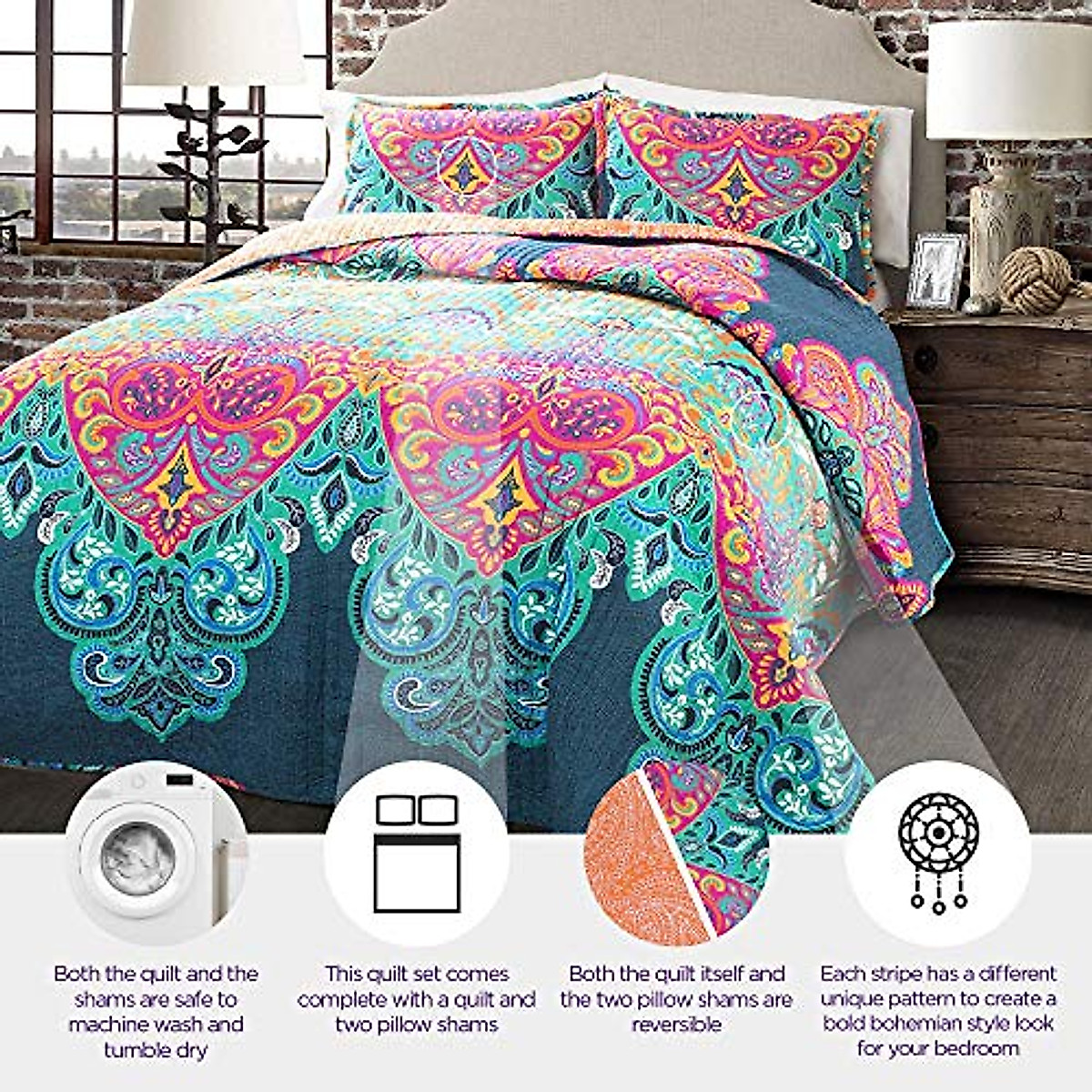 Lush Decor Boho Chic Reversible 3 Piece Quilt Bedding Set - Turquoise/Navy - King