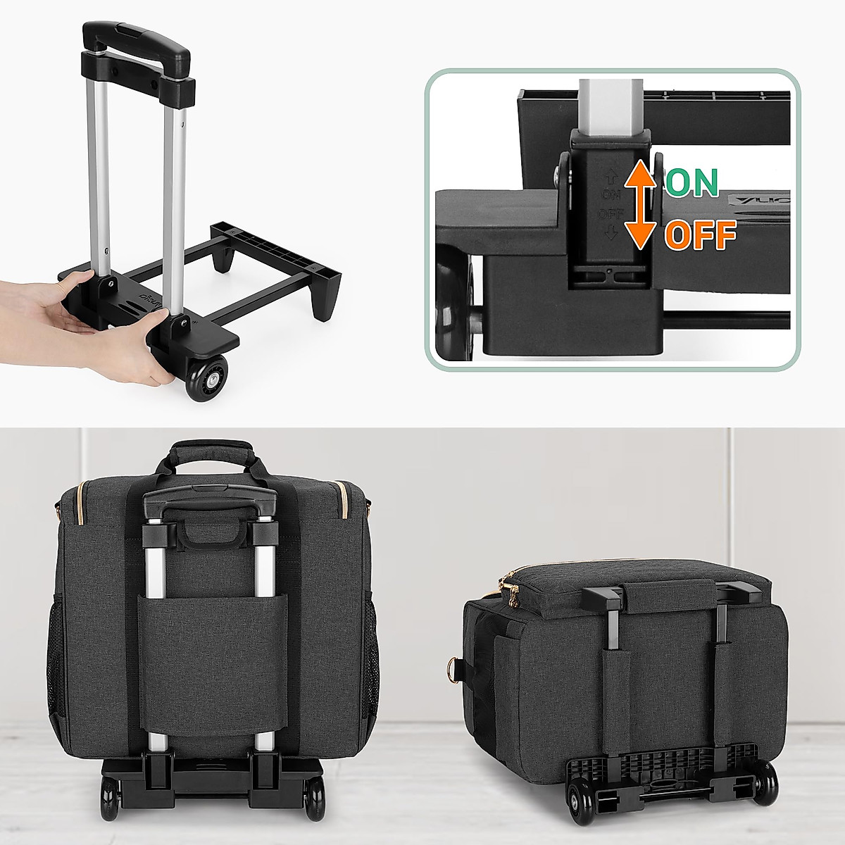 LUXJA Rolling Teacher Bag with Laptop Compartment and Detachable Dolly, Multifunctional Rolling Teacher Tote Bag (Patent Pending), Black