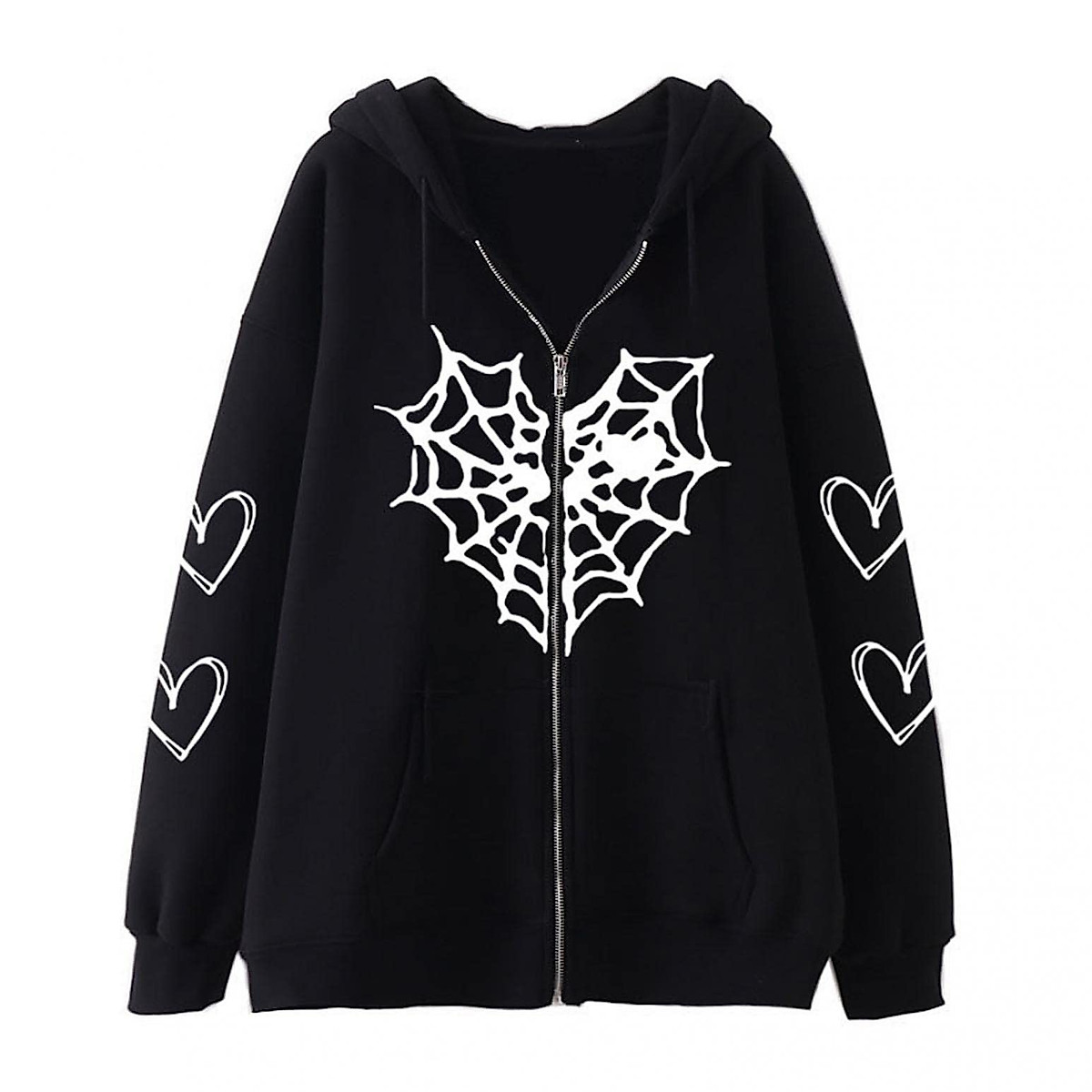 Y2K Hoodies for Women Full Zip Up Print Graphic Pockets Hooded Jacket 90s Long Sleeve Sweatshirt with Hood Grunge Harajuku Streetwear Punk Goth Fall Halloween windbreaker Spider Web Heart Black