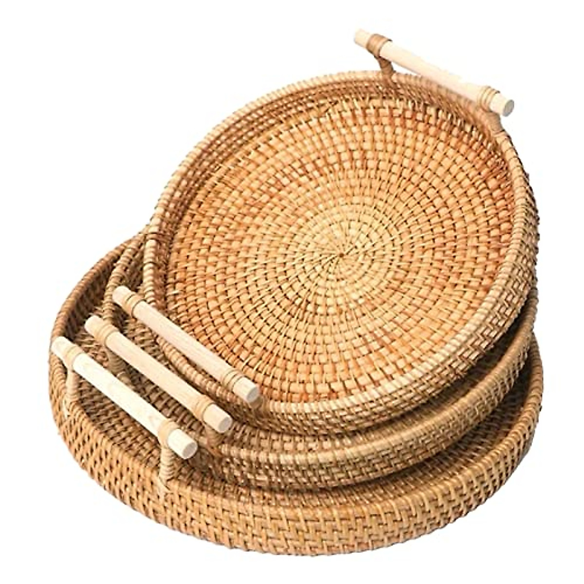 3 Pack Round Rattan Basket with Handles, 11, 10, 9 Inch Shallow Wicker Tray with 1”Side, Boho Woven Serving Tray Brown Basket Bowl for Coffee Table, Ottoman, Kitchen, Décor, Food, Snack, Exxacttorch