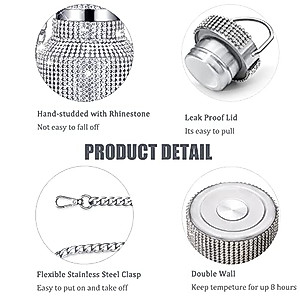 RLMOON Bling Water Bottle Rhinestone Diamond Stainless Steel Glitter Insulated Bottle Vacuum Flask Sparkling Thermal Bottle with Chain Refillable Water Bottles for Women