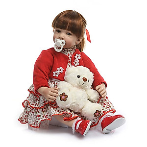 Zero Pam Lifelike Reborn Toddler Girl Doll 24 Inch Realistic Reborn Girl Dolls Weighted Newborn Baby Soft Cloth Body Long Hair Red Outfits Handmade Baby Toys Cute Plush Bear