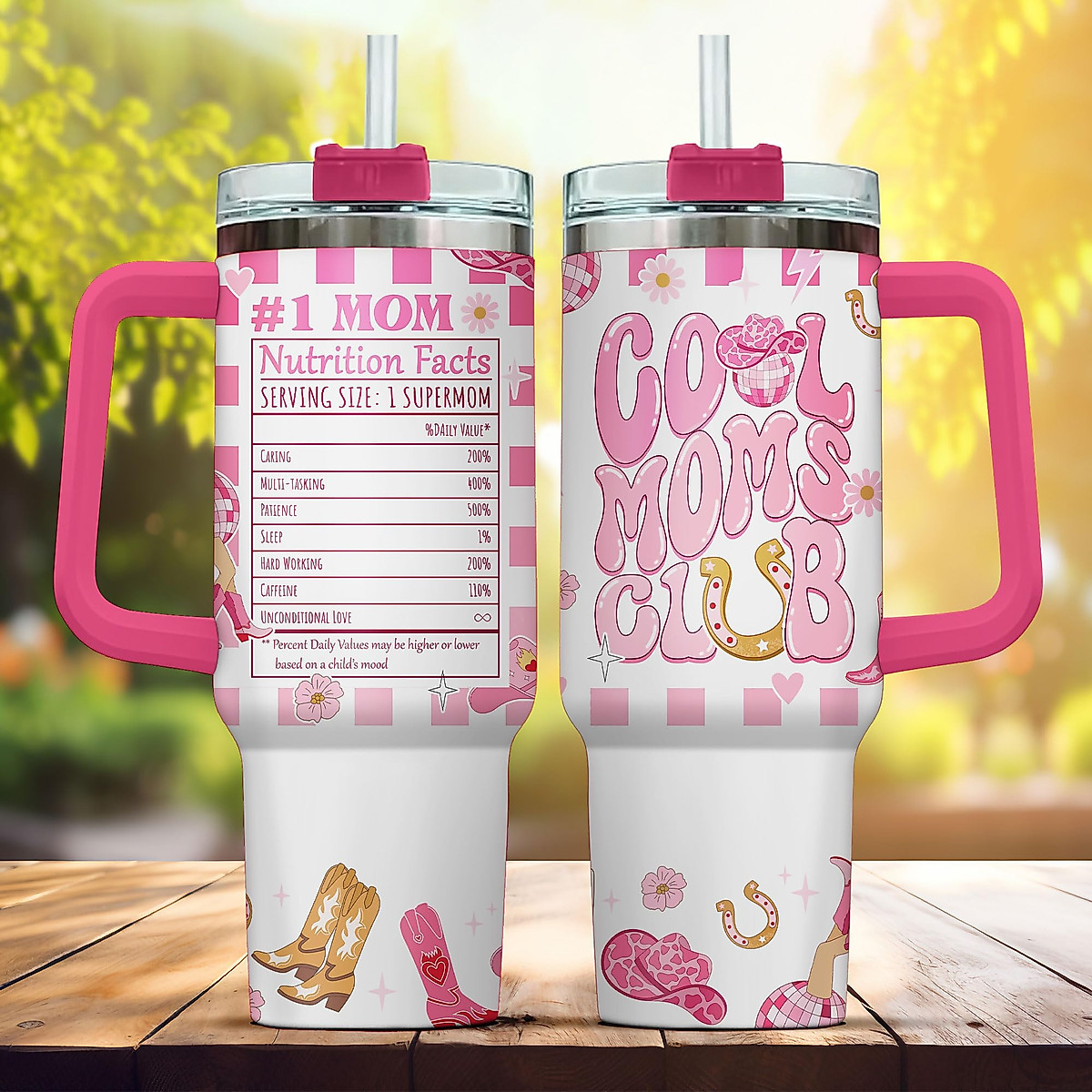99WHALE Tumbler 40 Oz With Handle Lid And Straw, Cool Moms Club Gifts, Hot Camelia Tumblers Swig Coffee Stainless Modern Print Cups Cowgirl Heart, Mom Cowboys Nutrition Facts