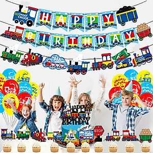 Train Party Decorations Train Birthday Party Supplies Railroad Happy Birthday Party Banners Cake Topper Steam Train Cupcake Toppers Railway Vehicle Ballons for Train Theme Baby Shower Supplies