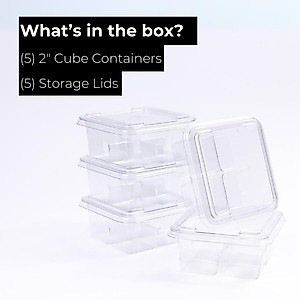 Klaris 2" Cube Storage Containers (5 pk) - Craft Ice Storage with Lids | Stackable, Compact and Robust for Freezer | Keeps Ice Fresh & Clear | Compatible with any 2" Cubes & Spheres