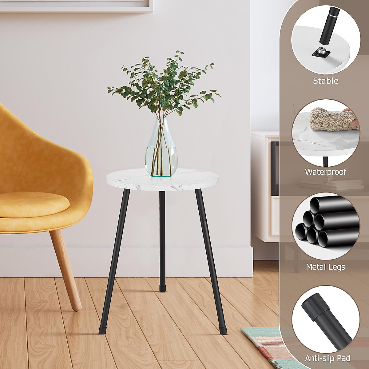 KINNARY Round Side Table Set of 2, Small Accent End Table for Living Room, Bedroom, Small Spaces, Height Adjustable Metal Legs, Nightstand Coffee Bedside Table for Office, Marble White