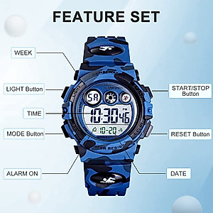 GOLDEN HOUR Watches for Kids Digital Sport Waterproof Boys Watch Outdoor 12/24 H Alarm EL Backlight Stopwatch Military Child Wristwatch Ages 3-15 (Camouflage Dark Blue)