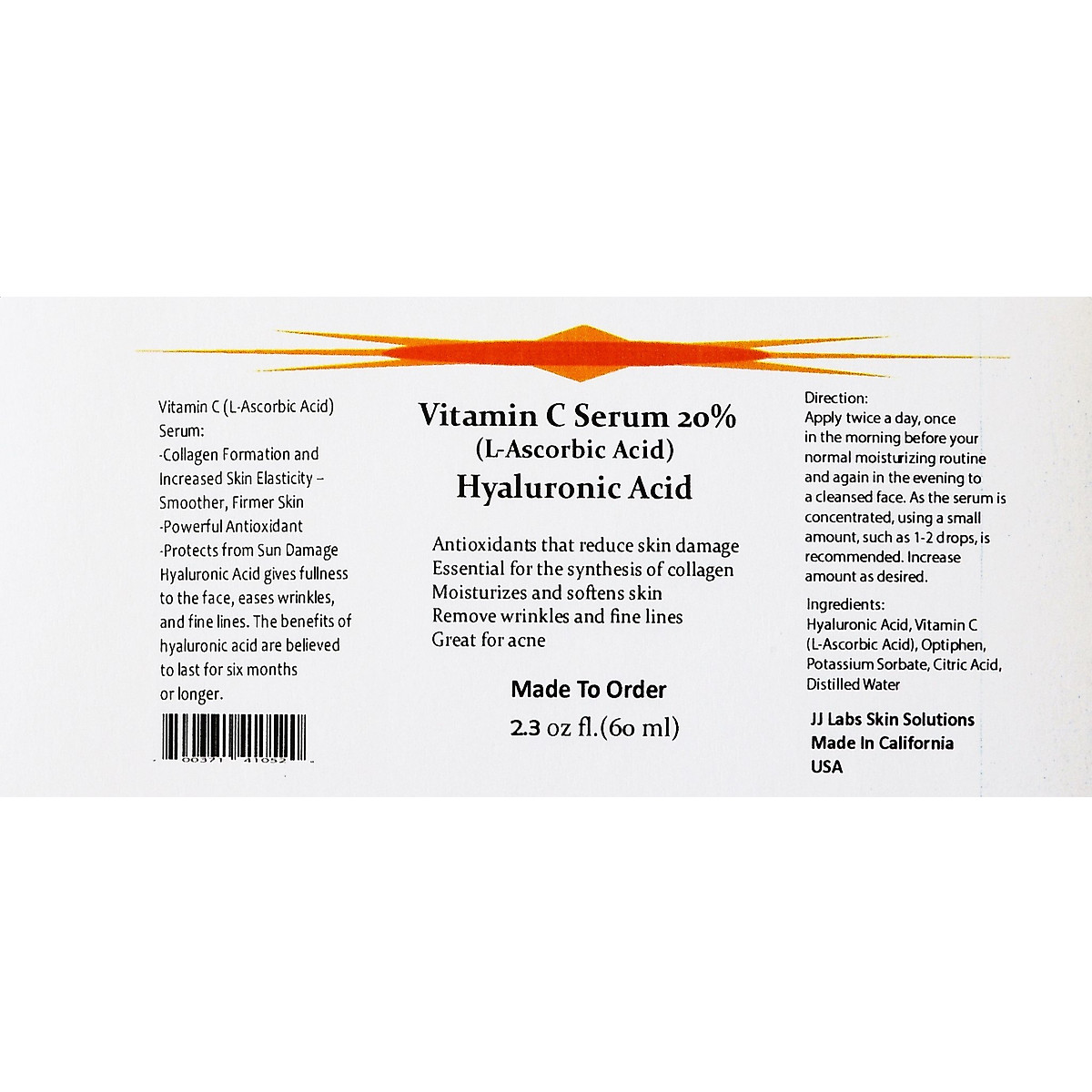 Vitamin C Skin Serum 20% (L-Ascorbic Acid) with Pure Hyaluronic Acid Anti Aging Serum (2oz)