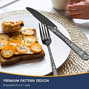 EUIRIO 24-Piece Black Silverware Set with Steak Knives, Black Flatware Set for 4, Stainless Steel Mirror Cutlery Set, Spoons Forks Knives Set with Unique Floral Laser, Eating Utensils, Dishwasher Safe